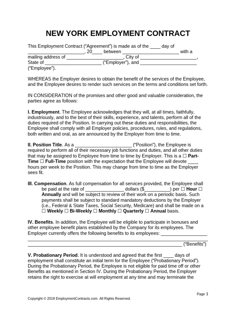 New York Employment Contract Template | PDF | Employment | At Will ...