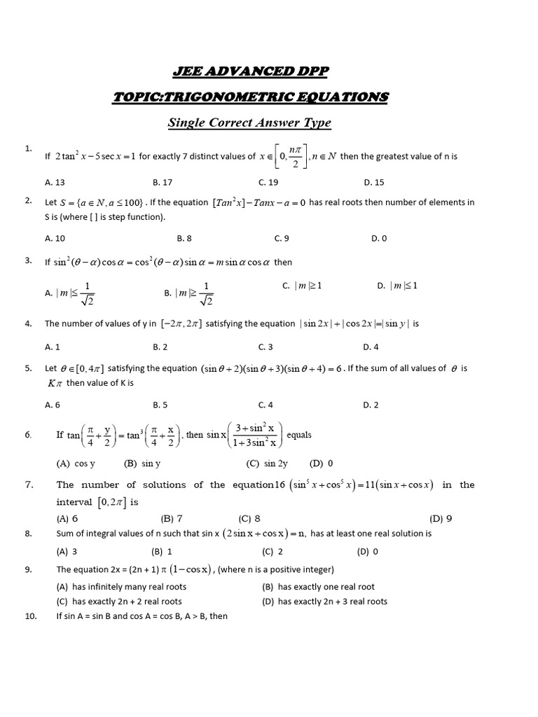 Trigonometric Equations DPP | PDF | Trigonometric Functions | Numbers