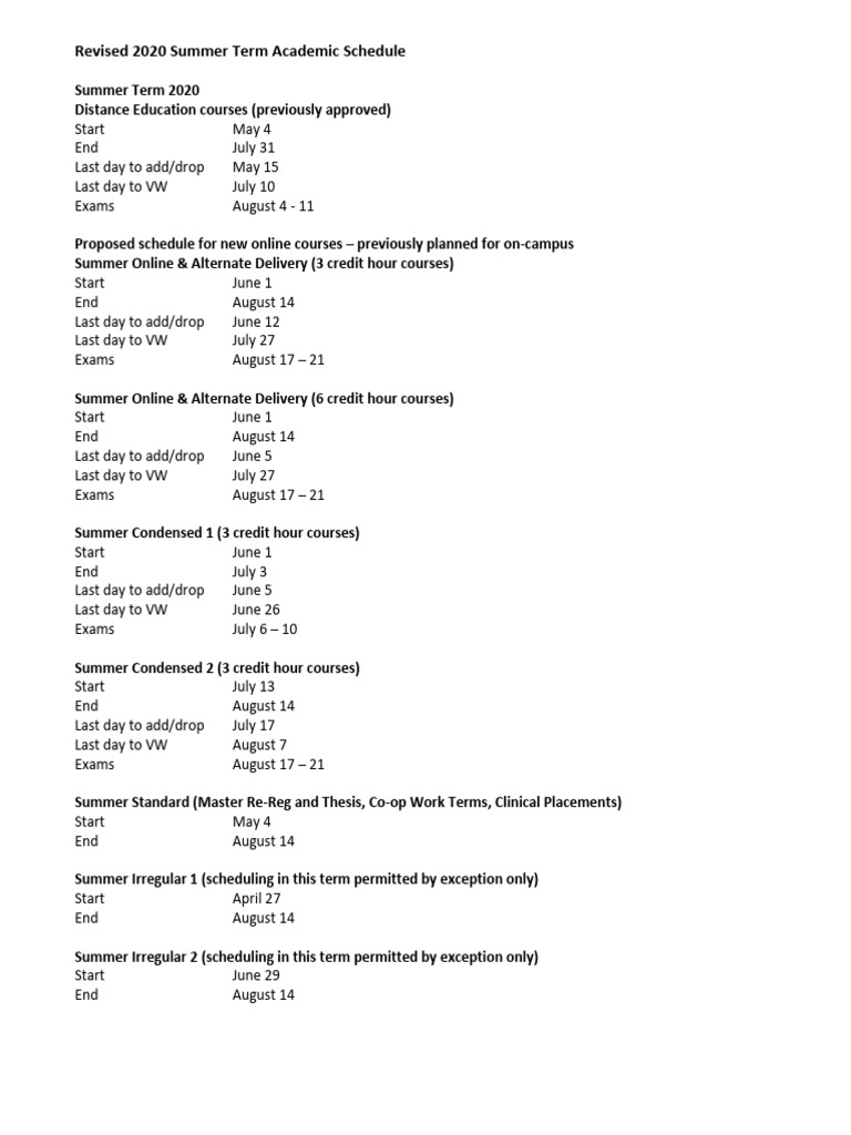 2020 Summer Term Academic Schedule | PDF | Educational Stages | Higher ...