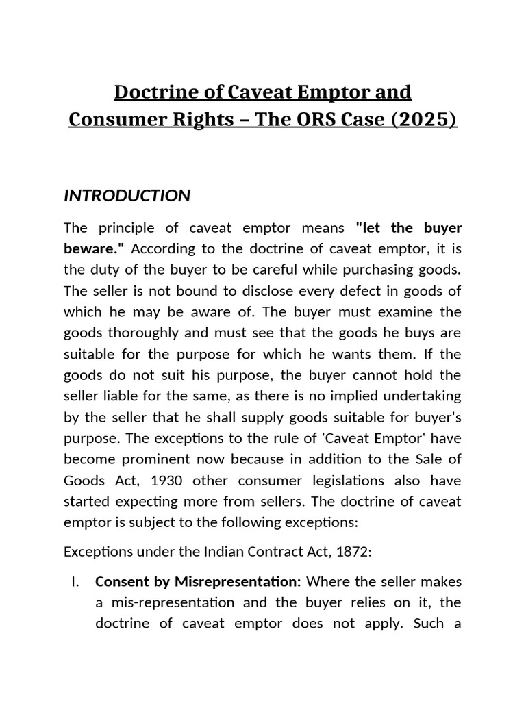 Doctrine of Caveat Emptor and Consumer Rights | PDF | Private Law | Justice