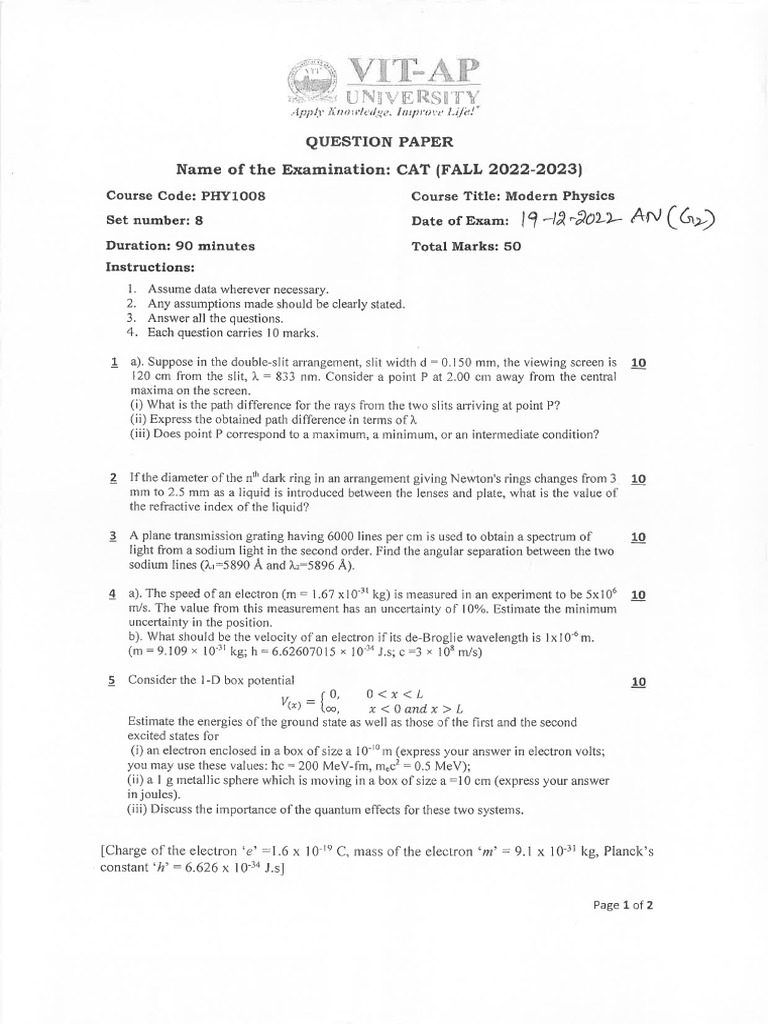 Vitap Physics Previous Papers | PDF