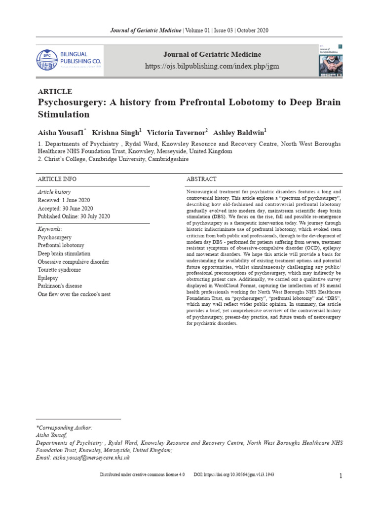 Psychosurgery A History From Prefrontal Lobotomy T | PDF | Deep Brain ...