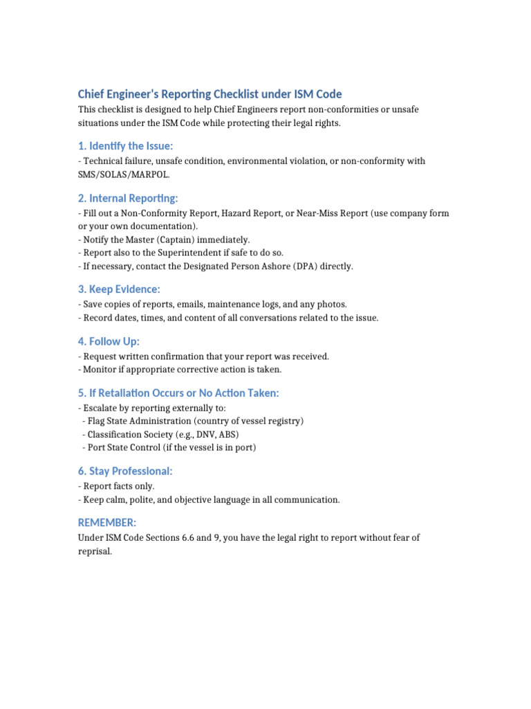 Chief Engineer Reporting Checklist ISM | PDF