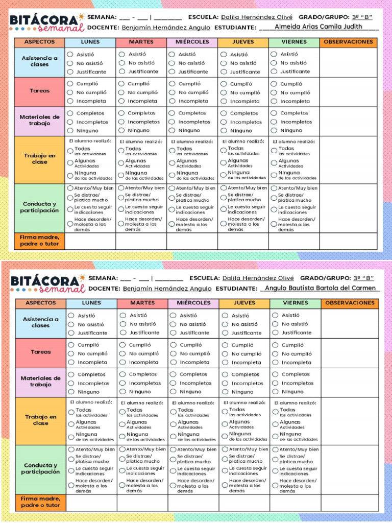 Bitacora Semanal Con Nombres | PDF