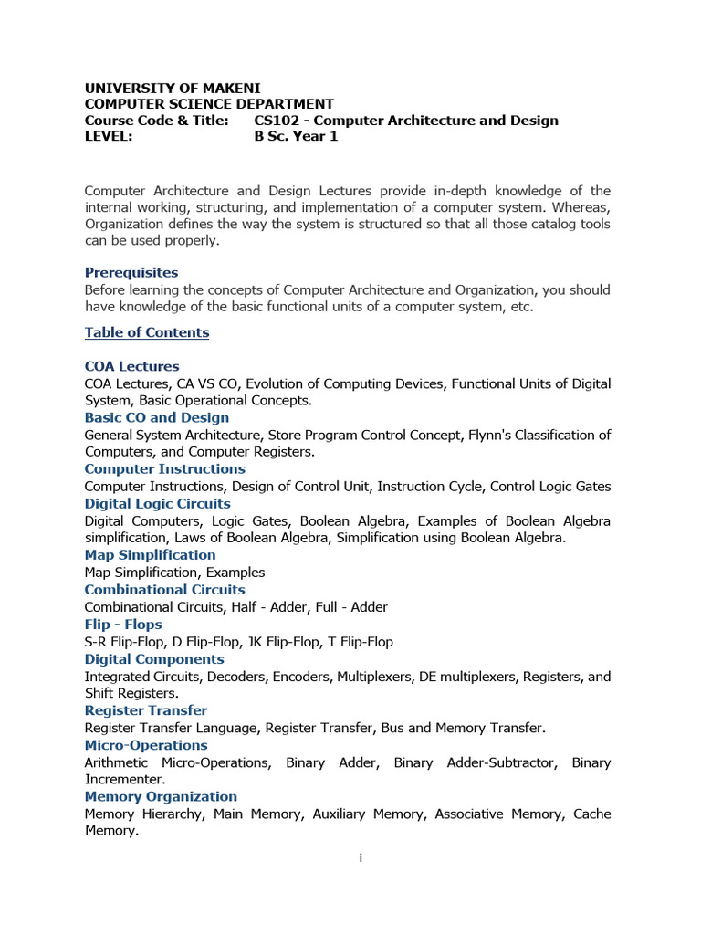 CS 102 - Computer Architecture and Design Course Outline | PDF ...