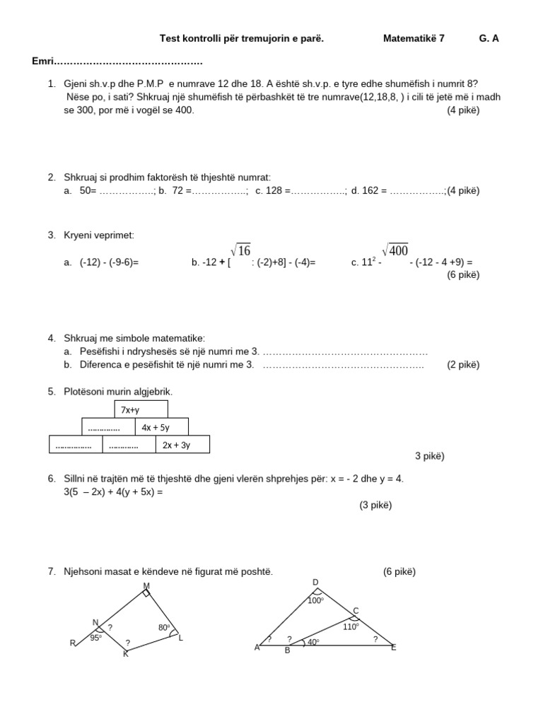 Klasa 7 Test Kontrolli Per Tremujorin e Pare - Doc 2017 Ga GB | PDF