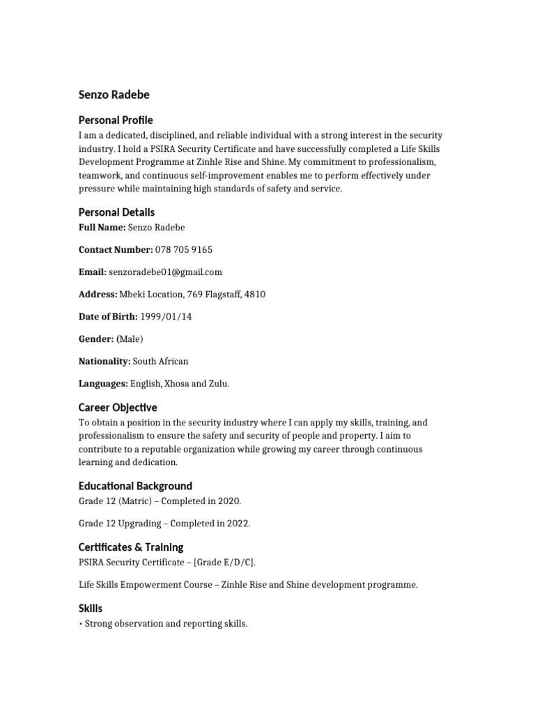 Senzo Radebe CV Black Headings | PDF