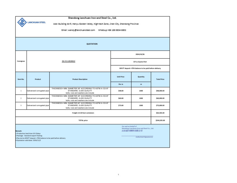 Shandong Lanchuan Steel Quotation Details | PDF | Metals | Industrial ...
