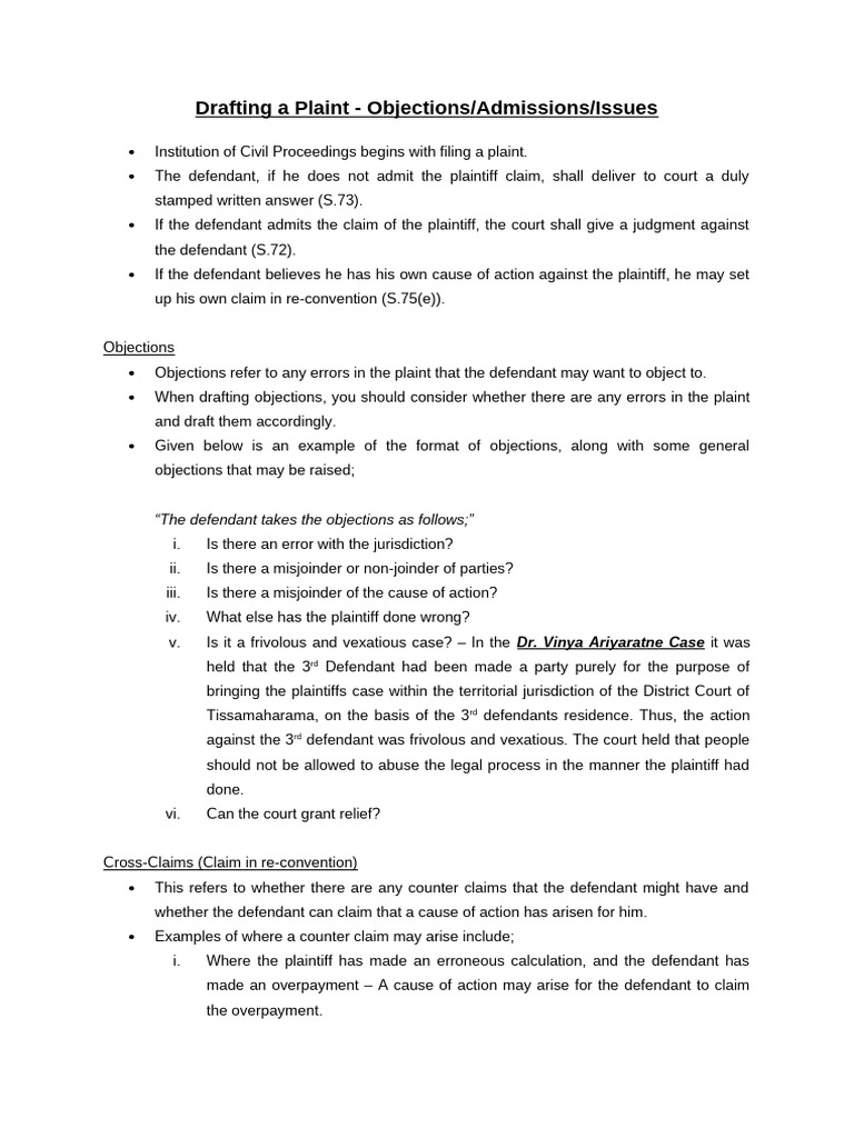Drafting A Plaint - Objections - Admissions - Issues | PDF | Cause Of ...