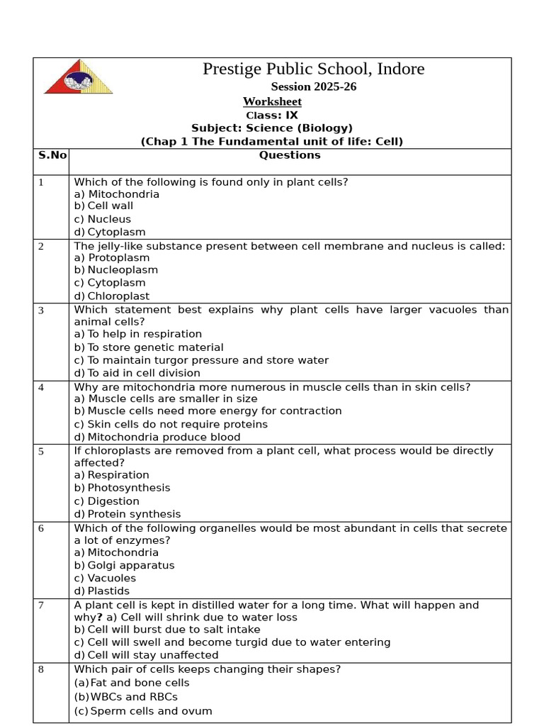 Class 9 Bhumi CH - 1 Cell Objective Worksheet Cell Organelles (2025-26 ...