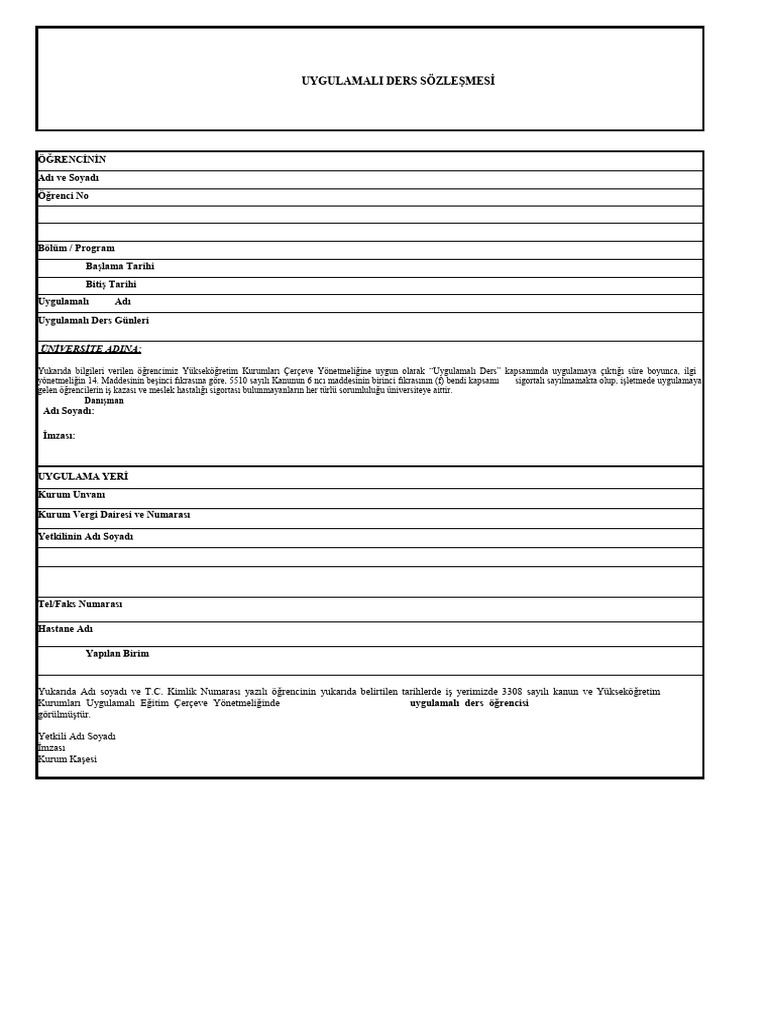 Uygulamali Ders Sozlesmesi Staj | PDF
