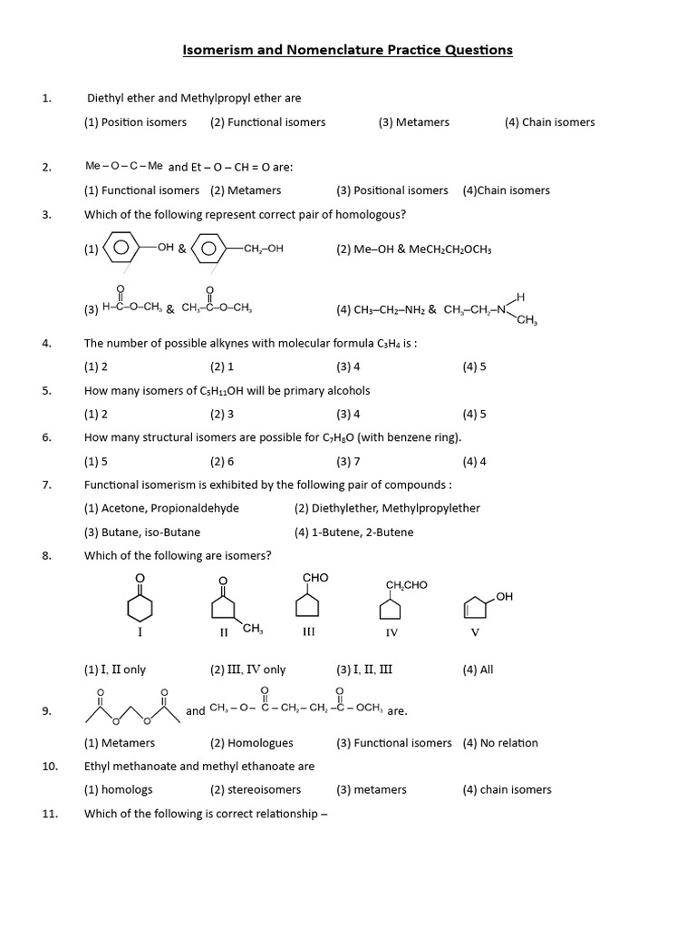 Isomerism and Nomenclature Practice Questions | PDF | Isomer ...