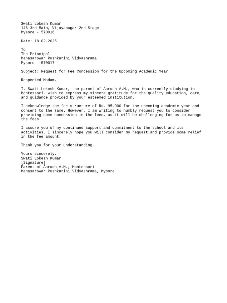 Fee Concession Request Letter | PDF