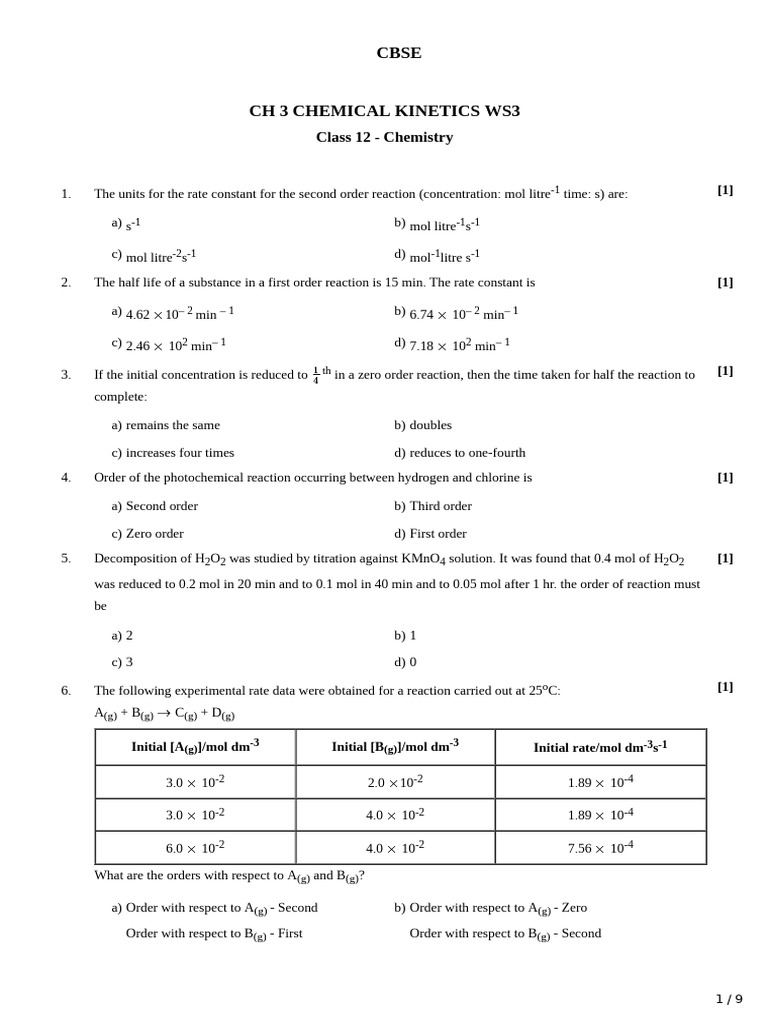 Class 12 Chemical Kinetics Worksheet | PDF | Reaction Rate | Reaction ...