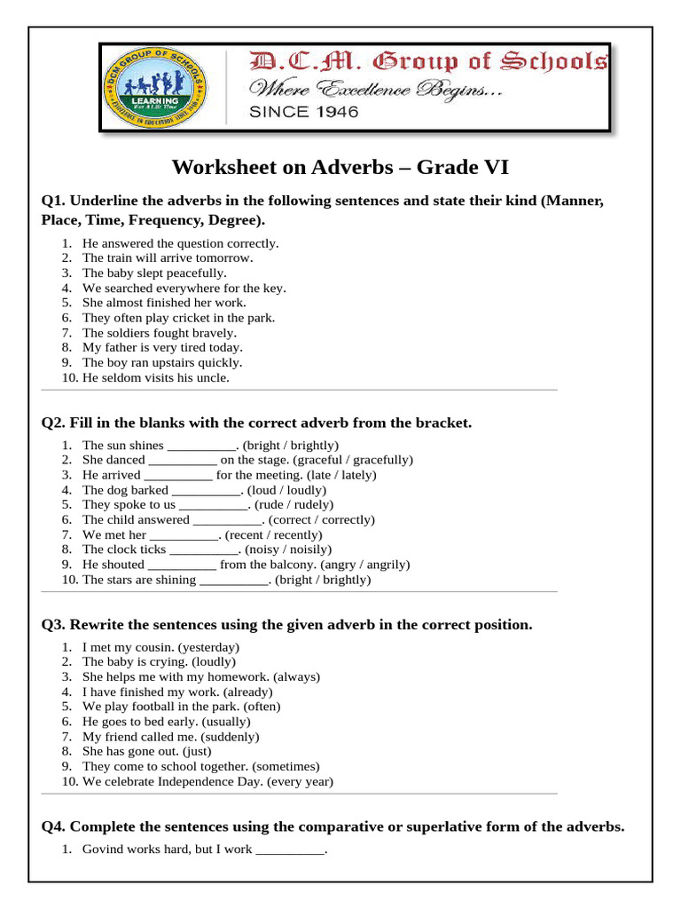 VI Grammar Worksheet On Adverbs | PDF