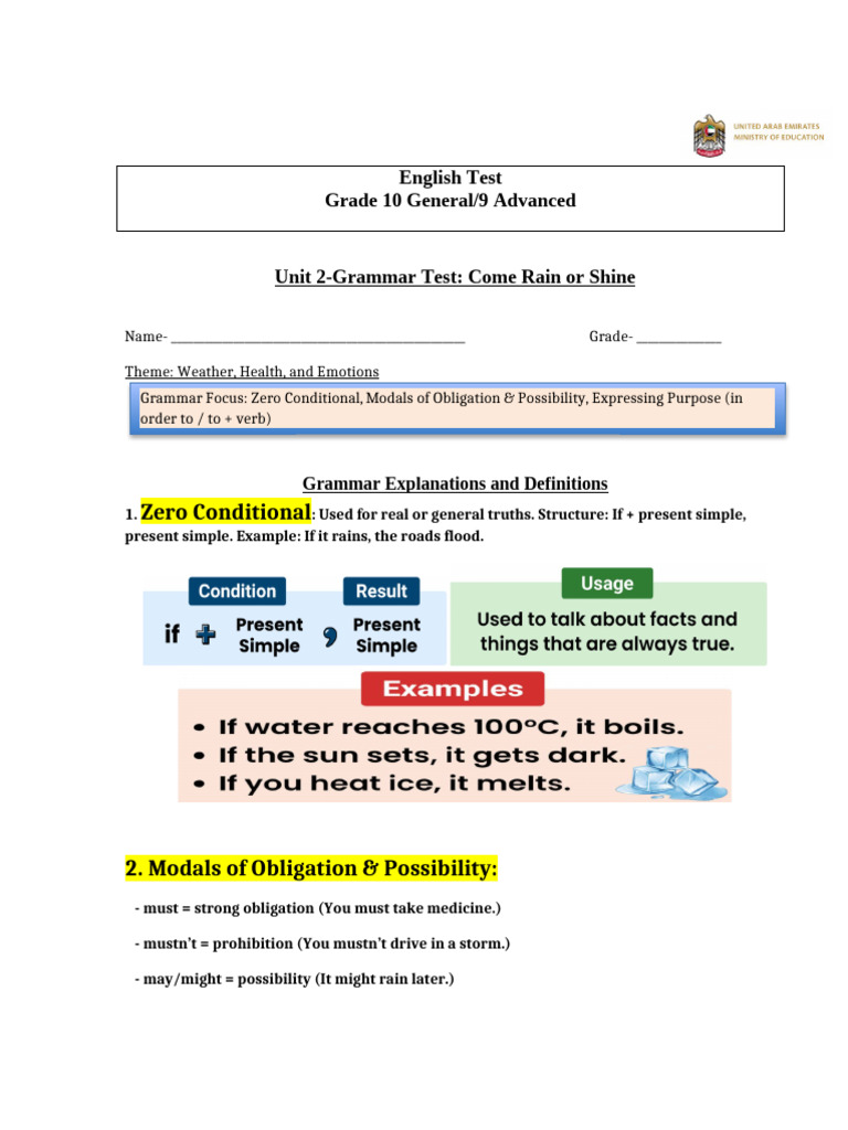 Grade 9A10G Answers of Grammar Test 2 | PDF