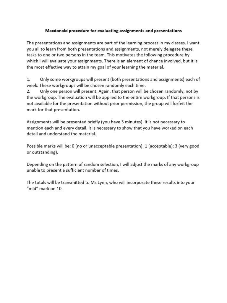 Macdonald Procedure For Evaluating Assignments and Presentations | PDF
