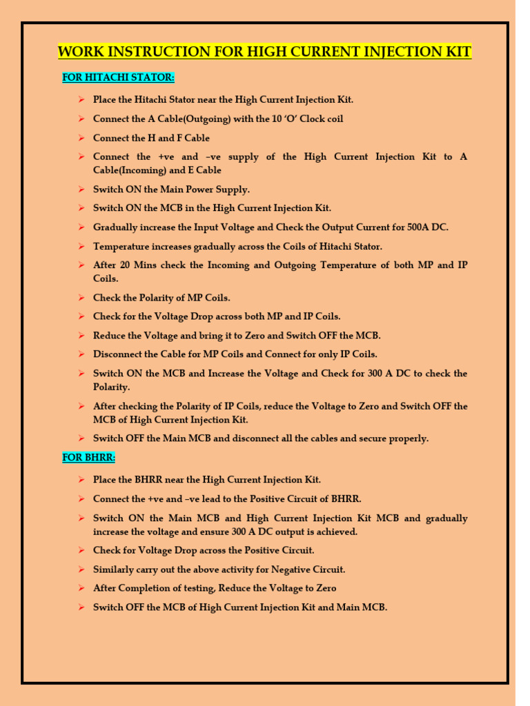 Work Instruction For High Current Injection Kit | PDF