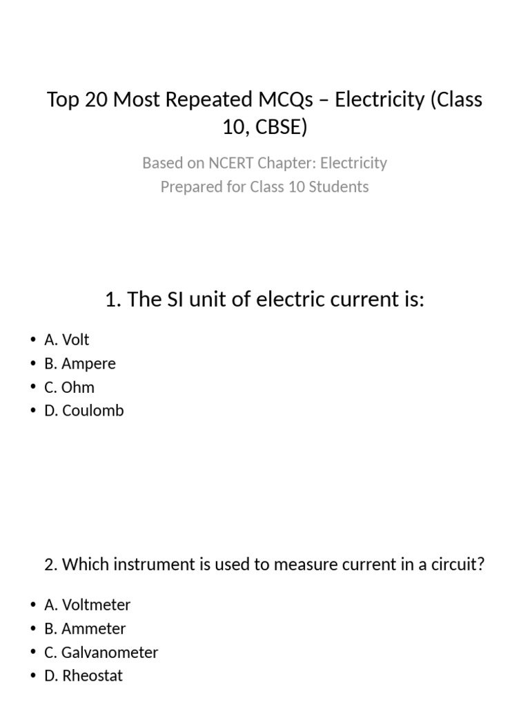 Top 20 MCQs on Electricity for Class 10 | PDF | Voltage | Electric Current