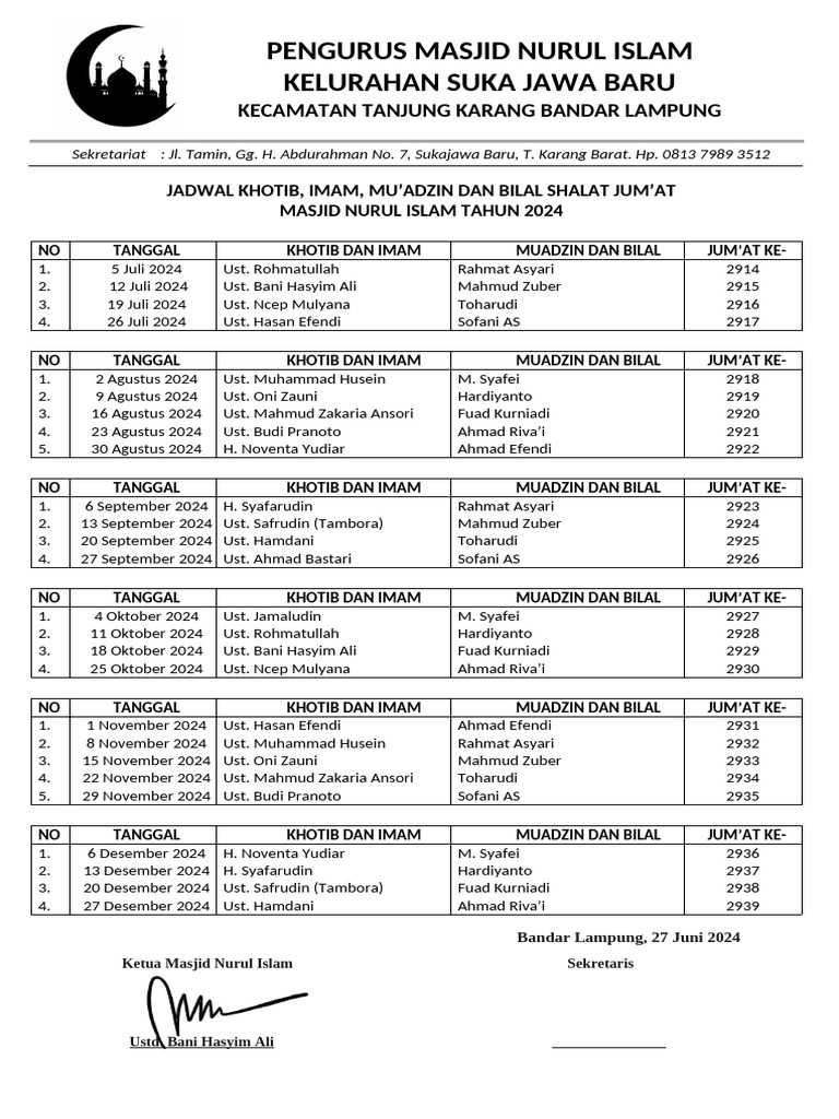 Jadwal Imam Dan Muadzin Shalat Jumat Juli - Desember 2024 | PDF