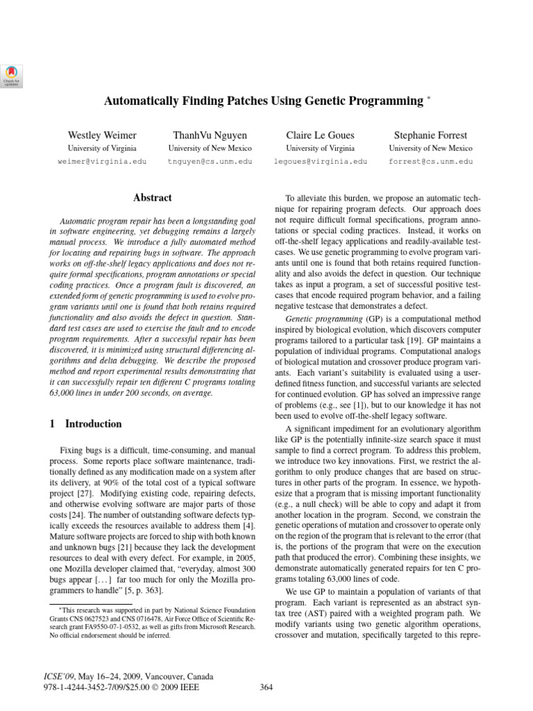 Automatically Finding Patches Using Genetic Programming | PDF | Software | Program Optimization