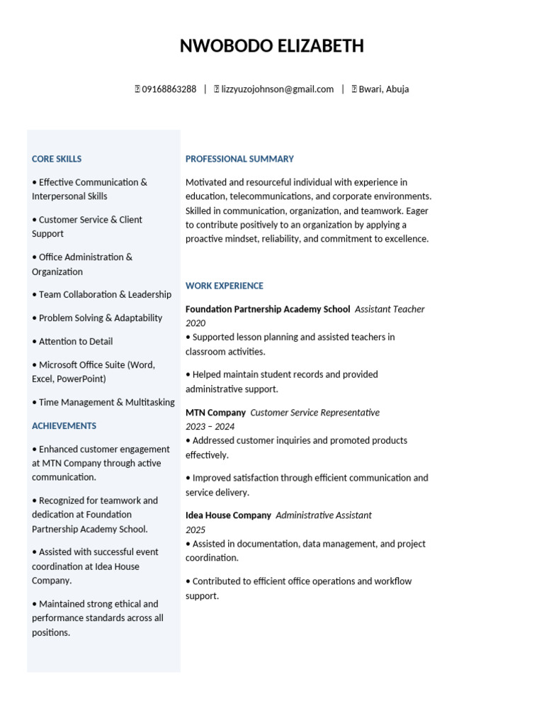 Professional Profile of Elizabeth Nwobodo | PDF