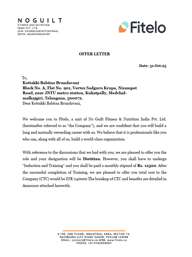 Offer Letter - Kottakki Babitaa Brundavani | PDF | Trade Secret | Intellectual Property