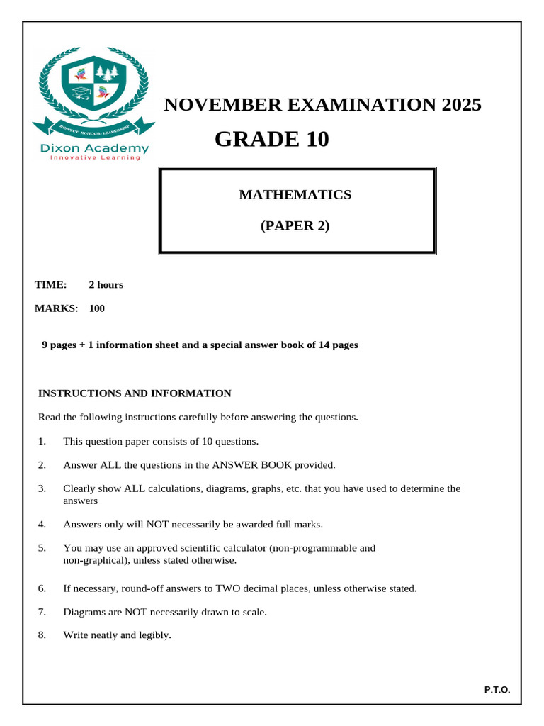 Grade 10 Final Exam Nov Math Paper 2 | PDF
