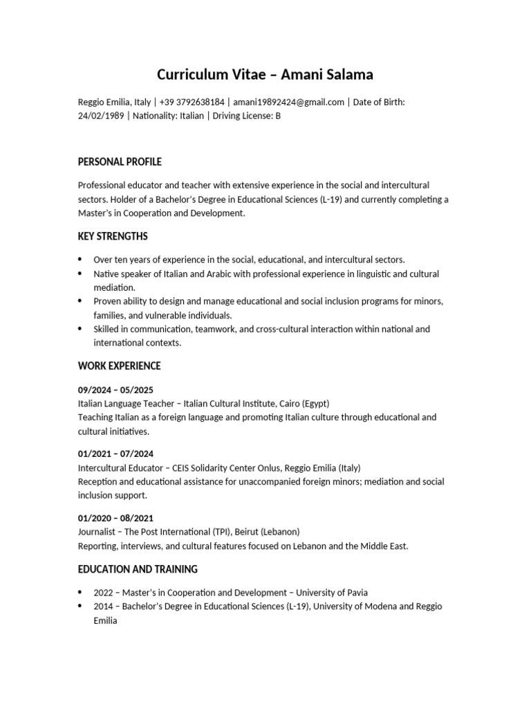 Amani Salama: Educator CV & Experience | PDF | Cross Cultural ...