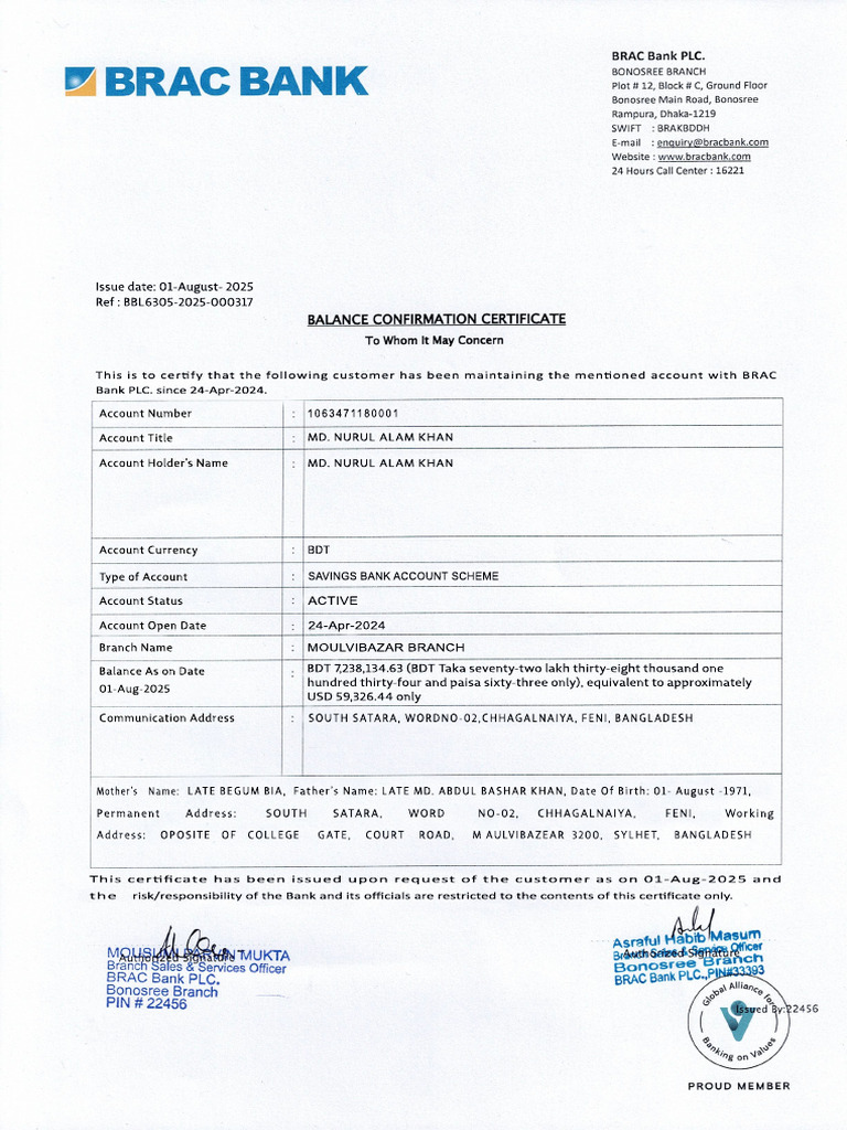 Nazrul Balance Confirmation Certificate | PDF