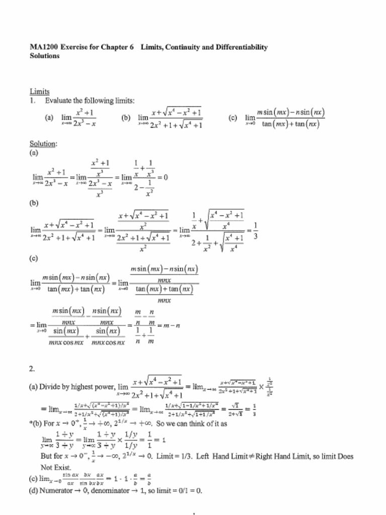 MA1200 Chapter 6 Limits, Continuity and Differentiability - Solutions | PDF