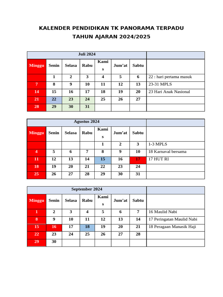 Kalender Pendidikan TK 2024/2025 | PDF