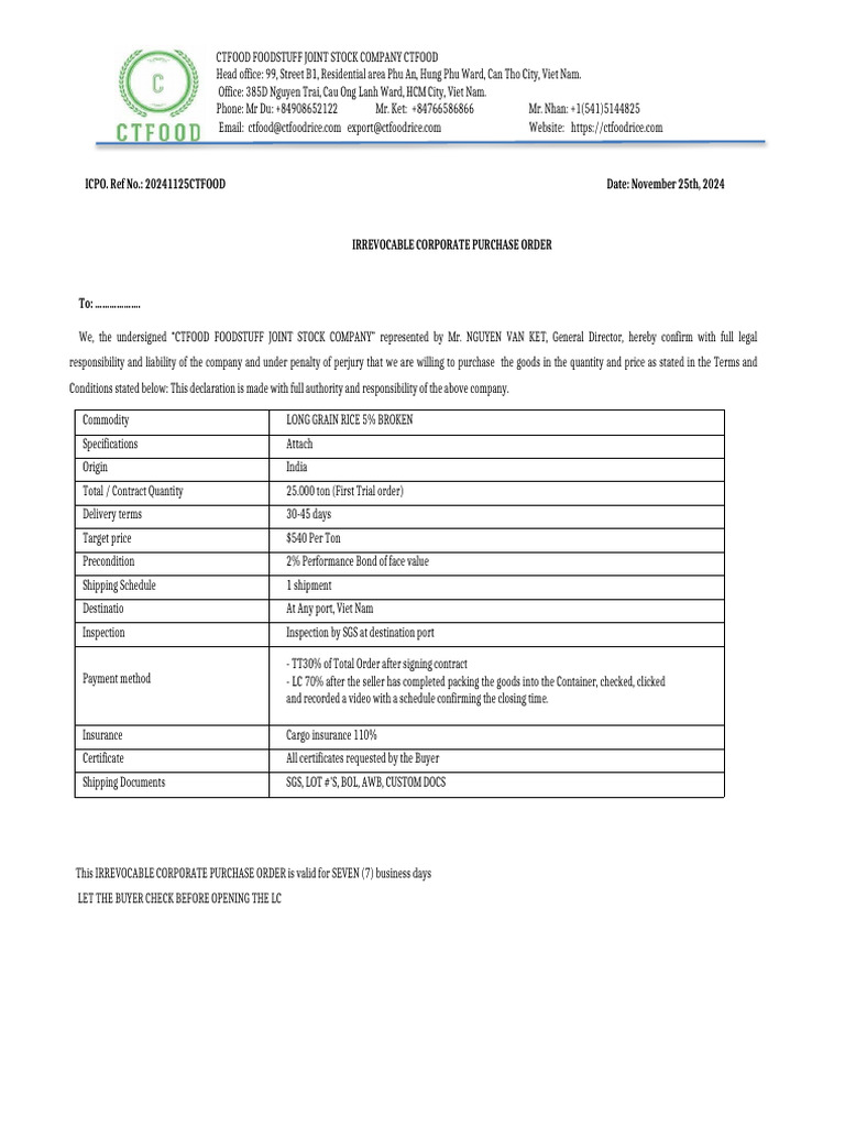CTFOOD Rice Purchase Order Details | PDF | Ho Chi Minh City