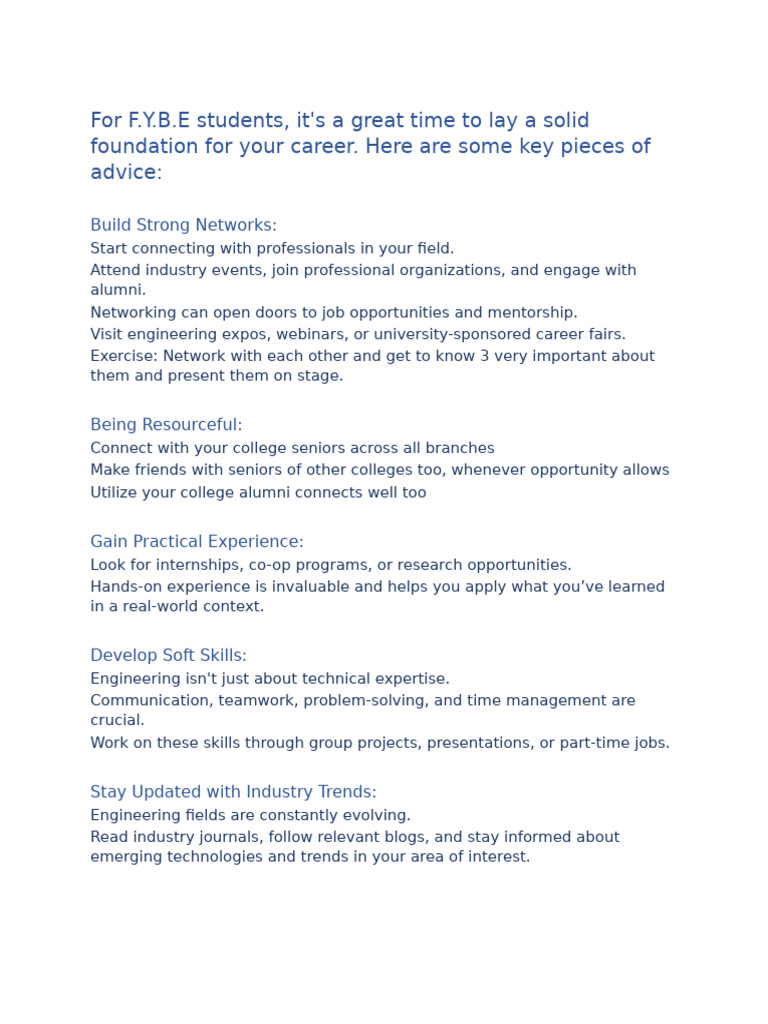 Career Tips for F.Y.B.E Engineering Students | PDF | Mentorship | Business