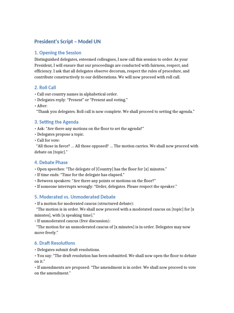 Model UN President's Script Guide | PDF