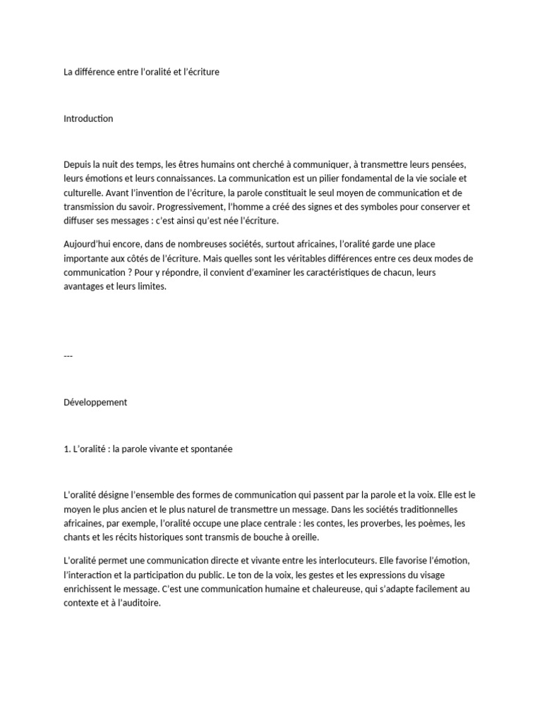 Oralité vs Écriture : Différences Clés | PDF | Discours