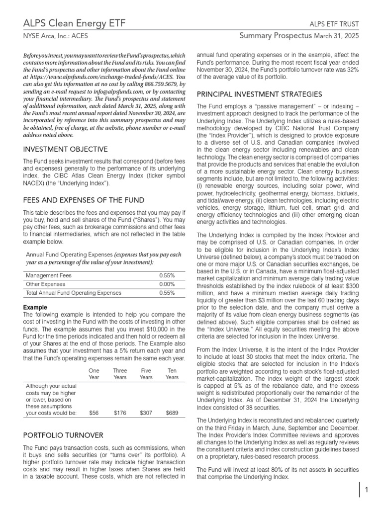 Alps Clean Energy Etf Aces Sum Pro | PDF | Financial Risk | Investment Fund