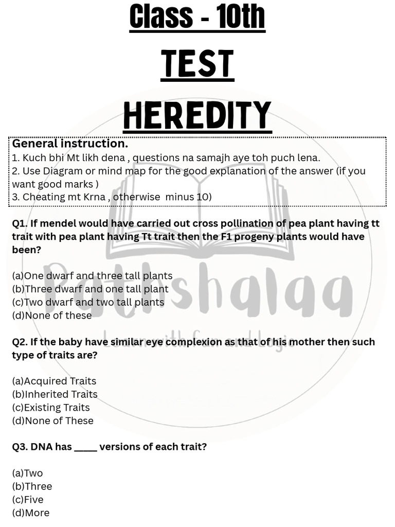 Class - 10th TEST Heredity | PDF | Biotechnology | Molecular Biology