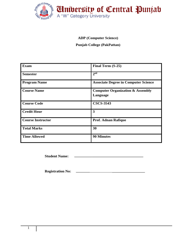 Computer Organization and Assembly Language ADP CS 2 S25 PKP | PDF | Computer Engineering ...
