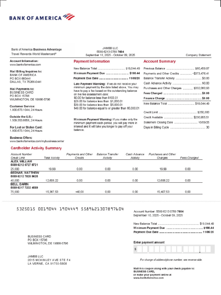 JAMBB LLC Account Statement Summary | PDF | Credit Card | Payments