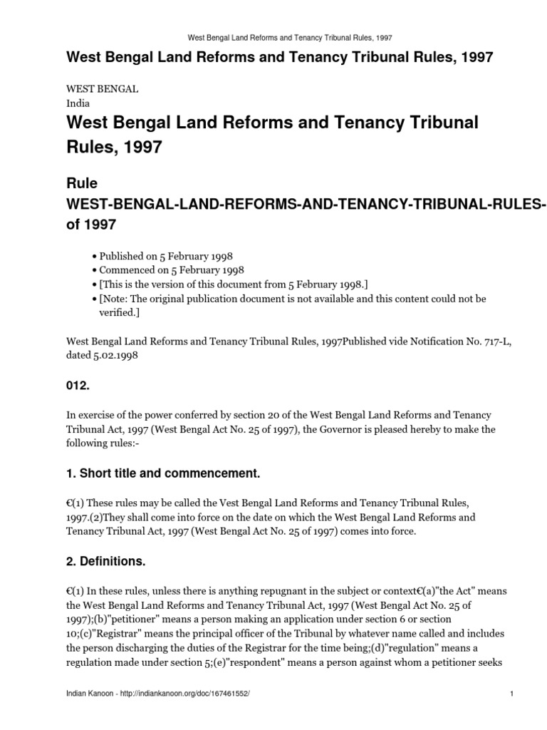 West Bengal Land Reforms and Tenancy Tribunal Rules 1997 | PDF ...