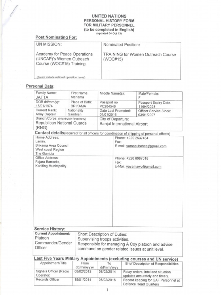 United Nations Personal History Form Maj Mariama Jatta | PDF