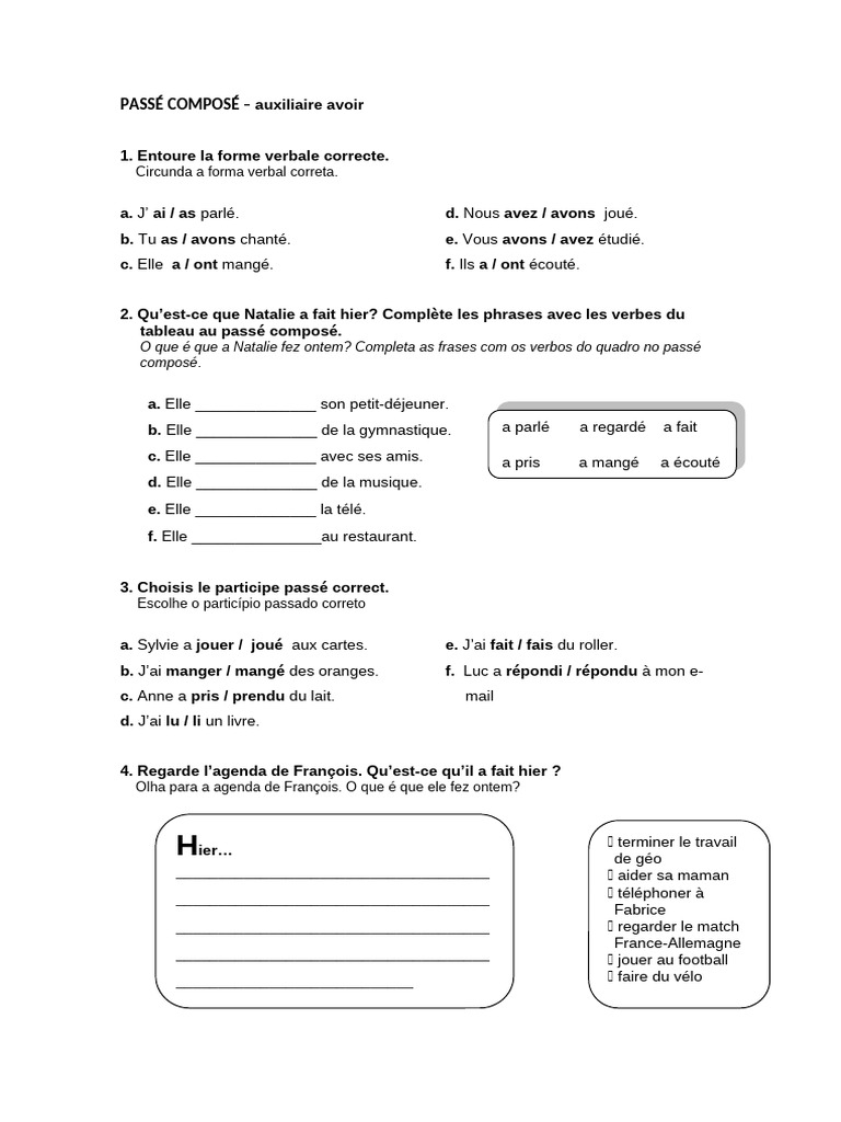Passé Composé avec l'Auxiliaire Avoir | PDF | Mécanique du langage ...