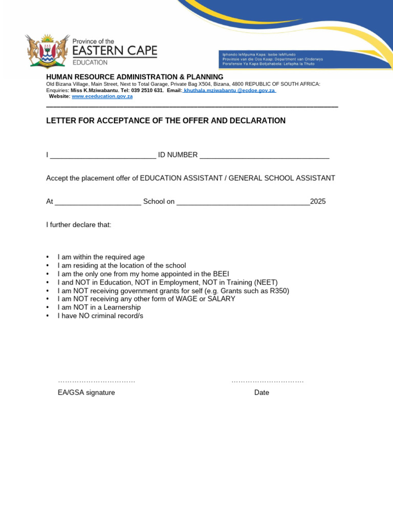 Letter For Acceptance of The Offer and Declaration | PDF