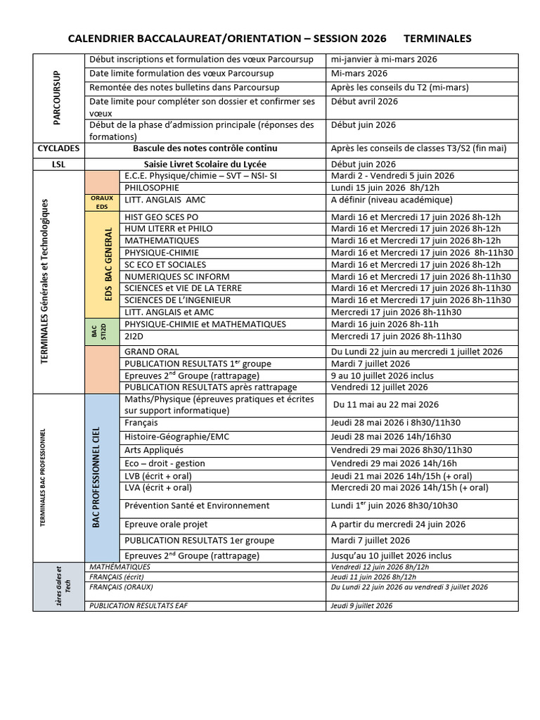 Calendrier Bac 2026 : Dates Clés | PDF | Niveaux d'enseignement ...