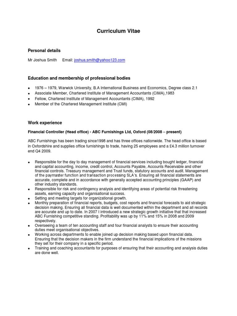 CIMA Example CV v.2 | Management Accounting | Accounting