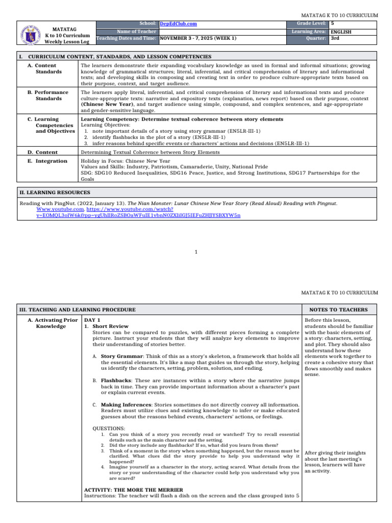 K to 10 English Weekly Lesson Plan | PDF | Reading Comprehension ...