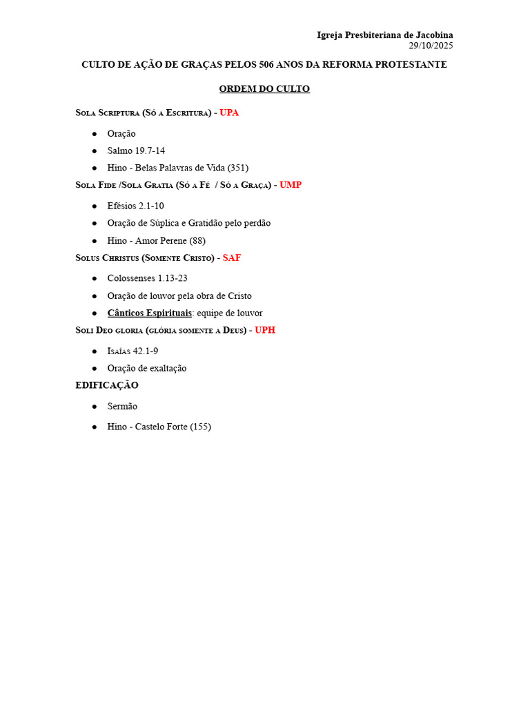 Ordem Do Culto - Reforma Protestante 506 Anos.docx | PDF