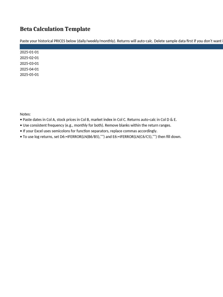 Beta Calculation Excel Template | PDF