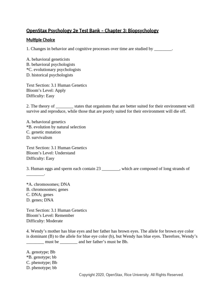 OpenStax Psychology 2e Chapter 3 Test Bank | PDF | Synapse | Nervous System